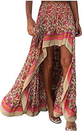 Generic Robes boh&egrave;me 2026 pour femmes, jupe longue &agrave; volants fendus avec imprim&eacute; floral, jupe trap&egrave;ze &agrave; ourlet bas, Rouge, XL