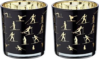 Edzard 2er-Set Teelichtglas Monty (Höhe 8 cm, ø 7,5 cm), Windlicht mit Skisport Motiv, innen Gold/außen schwarz
