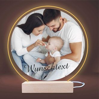 Indigos UG LED Lampe rund mit Foto und Wunschtext personalisierte Geschenke aus Acrylglas 14x14 cm als Nachttischlampe mit optional warmweißem Licht Fotogeschenk