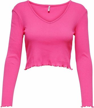 Only Damen Kurzes Langarm Shirt | Bauchfreies Longsleeve V-Ausschnitt Crop Top | Gerippt Gewellt ONLODA, Farben:Pink, Größe:S