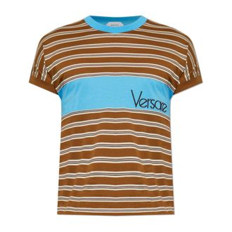 Versace Homme, Tops, Brun, Taille: L T-shirt en coton &agrave; rayures intarsia et logo brod&eacute;