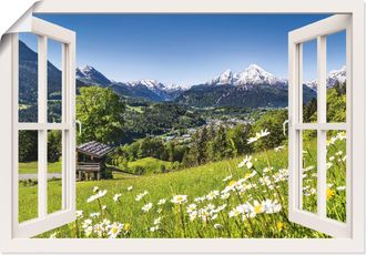 Artland Wanddeko Poster & Kunstdrucke Wandposter 130x90 cm Fensterblick Fenster Alpen Landschaft Berge Wald Gebirge Wiese Natur T5TQ