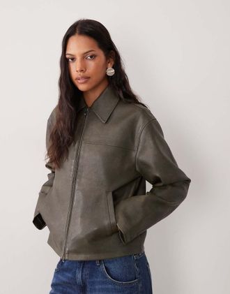 Wednesday's Girl Jacke in Lederoptik mit Kragen in Khaki-Gr&uuml;n
