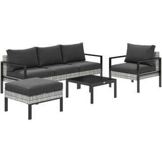 OUTSUNNY Ensemble salon de jardin 5 places 4 pi&egrave;ces coussins anthracite m&eacute;tal &eacute;poxy noir r&eacute;sine tress&eacute;e 2 fils gris