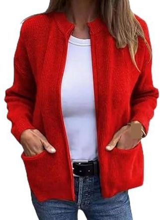 Generic Cardigan Femme &agrave; Fermeture &Eacute;clair, Col Rond Uni avec Poches, Veste en Tricot Ouvert D&eacute;contract&eacute;(Red,4X-Large)