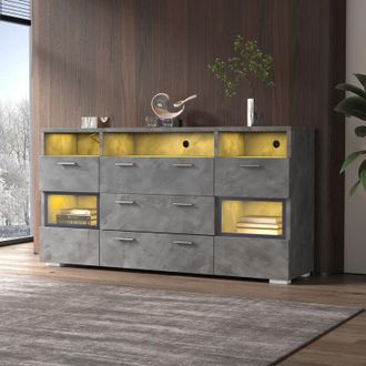 STILVORA Buffet et Enfilade avec 2 Portes et 3 Tiroirs et LED Contr&ocirc;l&eacute;e par Application, Acrylique, Gris, 140&times;33,5&times;72,5 cm