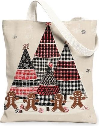 Generic Sacs fourre-tout en toile motif sapin de No&euml;l, sacs de courses r&eacute;utilisables, vintage, rustique, l&eacute;ger, lavable C, beige, 13x15 Inch