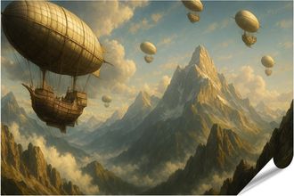 Islandburner Poster Epic Fantasy Landschaftsbild mit Luftschiff-Flotte &uuml;ber Berggipfeln - Gro&szlig;format