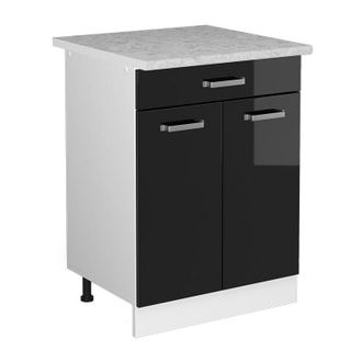 Vicco Meuble cuisine R-Line, Noir Haute brillance, 60 cm avec tiroir, pt Marbre Vicco