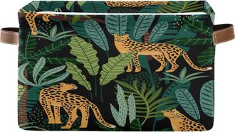 PUXUQU Tropisch Blätter Tier Leopard Faltbare Aufbewahrungsbehälter Aufbewahrungsbox Aufbewahrungskorb mit Griff für Schrankregale Toy Office Nursery Bedroom