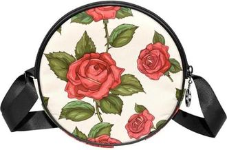 Generic Sac &agrave; bandouli&egrave;re rond pour femme, rose avec feuille, petit sac &agrave; bandouli&egrave;re avec fermeture &eacute;clair, bretelles r&eacute;glables, sac &agrave; main rond d&eacute;contract&eacute; 