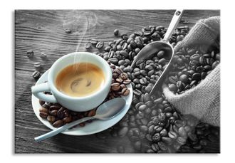 Pixxprint Glasbild, Wandbild aus Echtglas, Espressotasse mit Kaffeebohnen B&W Detail, 80x60 cm, inkl. Aufh&auml;ngung und Abstandshalter