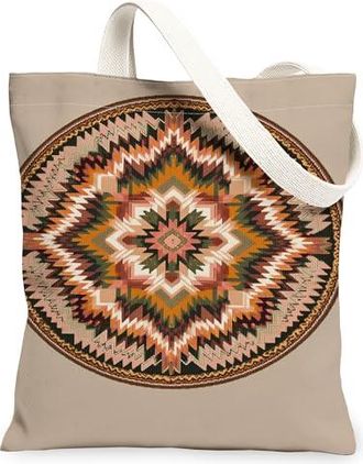 Generic Sacs fourre-tout en toile &agrave; motif g&eacute;om&eacute;trique, design boh&egrave;me vintage, sacs d&eacute;picerie l&eacute;gers, lavables, &eacute;l&eacute;gants et r&eacute;utilisables, beige, 13x15 Inch