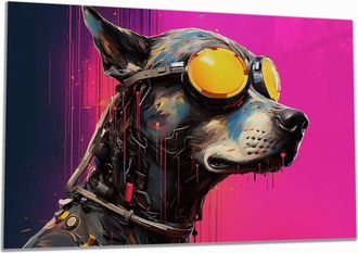 Wallario Herdabdeckplatte/Spritzschutz aus Glas, 1-teilig, 80x52cm mit 13 mm hohen Füßen, für Ceran- und Induktionsherde, Cyberpunk-Hund mit Brille