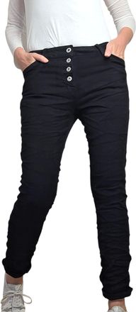 Jewelly Stretch Jeans| im Baggy Boyfriend Schnitt| Damen Hose mit dekorativer Knopfleiste| Perfekter Sitz (XL, schwarz)