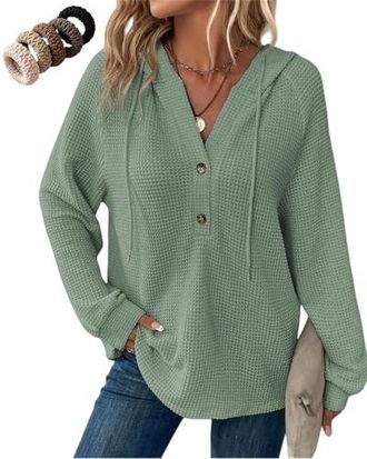 Generic Haut en tricot gaufr&eacute; pour femme avec col en V et manches longues, pull surdimensionn&eacute; boutonn&eacute; avec cordon de serrage pour lautomne 2026, vert clair,
