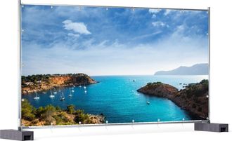 Wallario XXL Outdoor-Poster für Garten oder Balkon Ibiza - Blick von Einer Bucht aufs Meer, Motivbanner Größe: ca. 340 x 173 cm, Outdoor-Bild