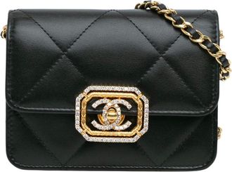 Chanel Pre-owned Porte-cartes matelass&eacute; en cuir de veau Strass avec cha&icirc;ne - Femme - Pre-owned - Noir - Taille: ONE Size