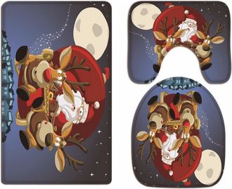 A.Monamour Badezimmer Badematte 3 Teilig Set Cartoon Elch Hirsch Weihnachtsmann Tr&auml;gt Eine Gro&szlig;e Tasche Christmasprint Kissen Pads Flanell Saugf&auml;hig Badteppiche 