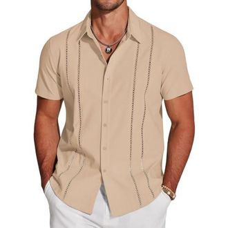 Generic Chemise pour homme Cuba Guayabera exquise brod&eacute;e boutonn&eacute;e sur le devant, chemise d&eacute;contract&eacute;e d&eacute;t&eacute; pour la plage, le camping, kaki, XXL