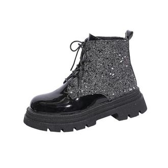 Generic Bottes &agrave; lacets pour femme - En cuir verni - &Agrave; paillettes - Bout rond - Talon bas - Confortable et &eacute;tincelant - Pour f&ecirc;te, Noir, 37.5 EU
