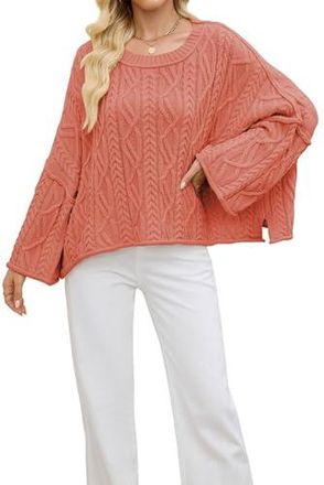 Generic Pull court surdimensionn&eacute; &agrave; col ras du cou en tricot torsad&eacute; avec longues manches &eacute;vas&eacute;es pour lautomne et lhiver - Pull d&eacute;contract&eacute; et doux pour femm