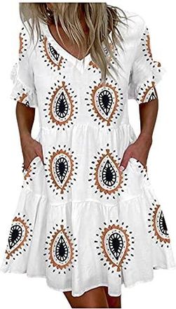 Generic Robes boh&egrave;me 2026 pour femmes, manches &agrave; volants, courte, mini robe d&eacute;t&eacute; pliss&eacute;e, col en V, plage, blanc, S