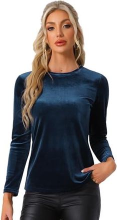 Allegra K Chemisier d&eacute;contract&eacute; en Velours &agrave; Manches Longues pour Femme Bleu Fonc&eacute; M