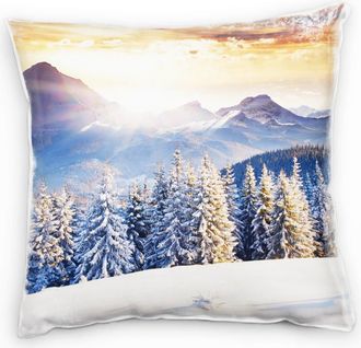 Paul Sinus Art Winter, weiß, orange, schneebedeckte Berge, Wald Deko Kissen 40x40cm für Couch Sofa Lounge Zierkissen - Dekoration zum Wohlfühlen