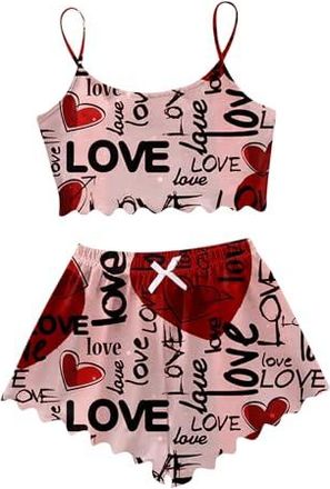 Generic Ensemble pyjama sans manches et short imprim&eacute; coeur pour femme 2026 Saint-Valentin (2), Rouge, XXL