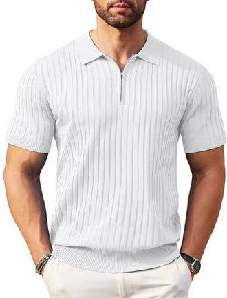 Coofandy Coofandy Polo &agrave; Manches Courtes avec Fermeture &eacute;clair pour Homme, en Tricot c&ocirc;tel&eacute; Tendance et d&eacute;contract&eacute;, Blanc, Taille L