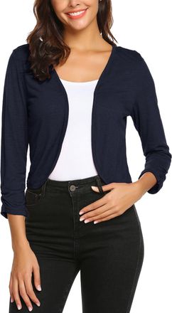 Parabler Strickjacke Damen Kurz 3/4 Ärmel Bolero Elegant Leichte Cardigan Open Front Shrug Casual Schulterjacke für Abendkleid Sommer Dunkelblau XXL