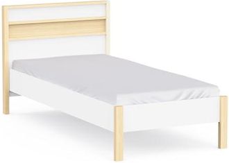 Demeyere Cadre de Lit 90x190 cm Blanc et Décor Bois avec Tête de Lit Intégrée - Lit Simple à la Taille Adaptable : Peut Accueillir Un Matelas 90x200 cm - Fabri
