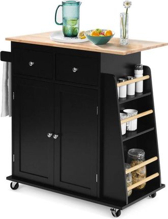 Costway Costway - Desserte de cuisine sur roulettes - Plateau en bois dh&eacute;v&eacute;a - 2 tiroirs, armoire avec &eacute;tag&egrave;re r&eacute;glable 88x46x90cm - Noir