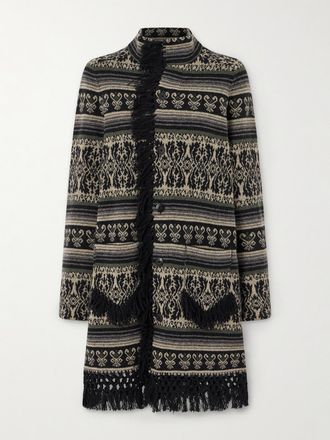 Ralph Lauren Cardigan En Laine Et Cachemire M&eacute;lang&eacute;s Jacquard &Agrave; Franges Amelia - Noir