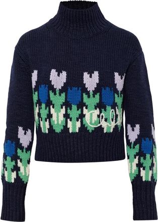 Chlo&eacute; Wollpullover mit Rollkragen und Blumenmotiv - - Knitwear - Damen - Blau - L