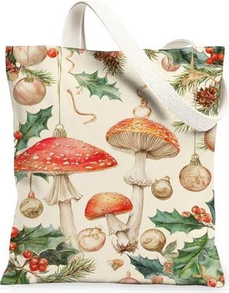 Generic Sacs fourre-tout en toile motif champignon de No&euml;l, sacs d&eacute;picerie r&eacute;utilisables, l&eacute;gers et lavables avec bandouli&egrave;re, cr&egrave;me, 13x15 Inch
