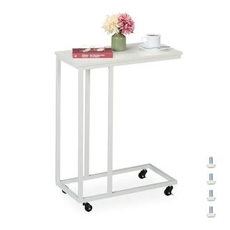Relaxdays Beistelltisch C-Form, HBT: 79x60x30 cm, Rollen, Sesseltisch zum Unterschieben, Metall & MDF, Sofatisch, wei&szlig;