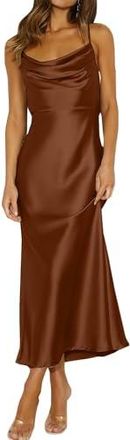 Generic Robe midi &eacute;l&eacute;gante avec bretelles spaghetti en satin - Col cascade - Dos nu - Robe midi &eacute;l&eacute;gante avec fronces &agrave; larri&egrave;re - Robe Cendrillon, caf&eacute;, XXL