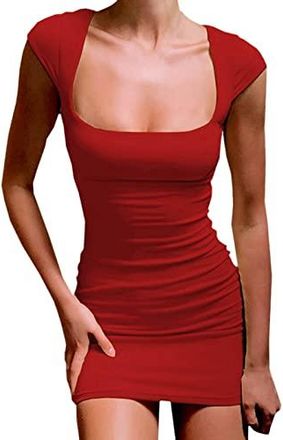 Generic Mini robe moulante à manches courtes pour femme - Couleur unie - Été profond - Sexy - Moderne - Avec manches à ailes - Motif floral, rouge, XXXL