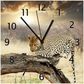 Wallario Design-Wanduhr Leopard auf Baumstamm in Afrika aus Glas, Motiv-Uhr Gr&ouml;&szlig;e 30 x 30 cm, Schwarze Zeiger