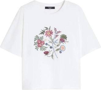 Max Mara Femme, Tops, Blanc, Taille: 40 FR T-shirt &agrave; manches courtes et col rond avec broderies florales