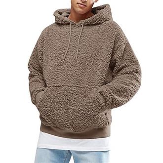 Generic Pull &agrave; capuche sherpa pelucheux &agrave; manches longues pour homme, v&ecirc;tements dext&eacute;rieur tendance automne-hiver d&eacute;contract&eacute; en polaire &agrave; capuche avec poche,