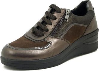 OSVALDO PERICOLI Sneakers pour femme confort en cuir et daim marron avec fermeture &eacute;clair, compens&eacute;e moyenne, semelle int&eacute;rieure amovible - Reine, marron, 40 EU