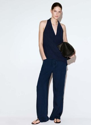 Mango Top en denim asym&eacute;trique &agrave; col halter bleu fonc&eacute; - Femme - XS - MANGO