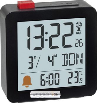 TFA Dostmann Funk Wecker digital, 60.2566.01, Reisewecker, batteriebetrieben, mit Zeitzonen, inkl Innenthermometer, zum Stellen, mit Datum & Wochentag, beleuchtet 