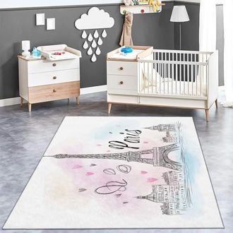 Generic Tapis 3D Lignes Simples Tour Eiffel Tapis de Salon Rose et Blanc Tapis de Chambre &agrave; Coucher, Tapis de Sol &agrave; Motif de Grande Surface Convient &agrave; la Cuis