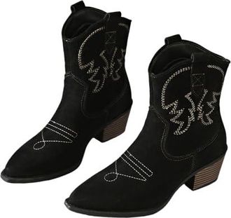 Generic Bottes De Cowboy Brod&eacute;es pour Femmes -Bottes Mi-Mollet &Agrave; Talon Compens&eacute; Et Bout Pointu - Cuir Su&eacute;d&eacute;, Id&eacute;ales pour Les Sorties, Le Travail, Les Soir&eacute;es