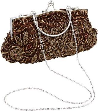 IFUNDOM Pochette de Soir&eacute;e Faite Main Broderie Perles Paquet Chic R&eacute;tro pour Femme Taille Portable Couleur Caf&eacute; Paquet Banquet &Eacute;l&eacute;gant pour F&ecirc;te et Mariage