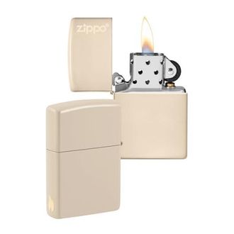Zippo Sturmfeuerzeug - Flat Sand mit Logo & seitlicher Flammengravur - Nachfüllbar - Wiederverwendbar - Windfestes Design - Geschenkbox - Made in USA - Amaz